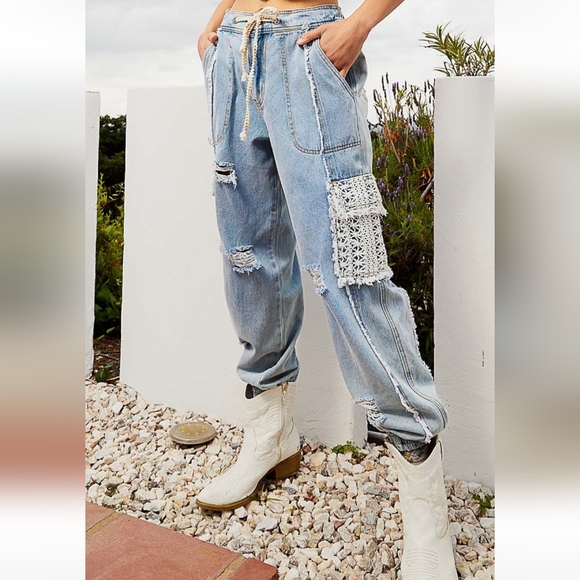 POL | Pants & Jumpsuits | New Pol Crochet Lace Denim Cargo Joggers ...